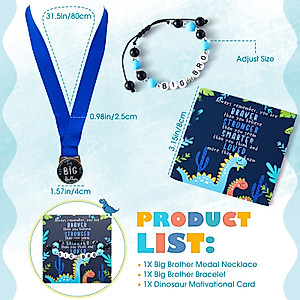 Sieral Set of 4 Christmas Big Brother Gift 14 oz Big Brother Tumbler with Straw Big Bro Medal with Lanyard New Big Brother Bracelet Inspirational Card for Little Boys of New Baby Birthday(Dinosaur)