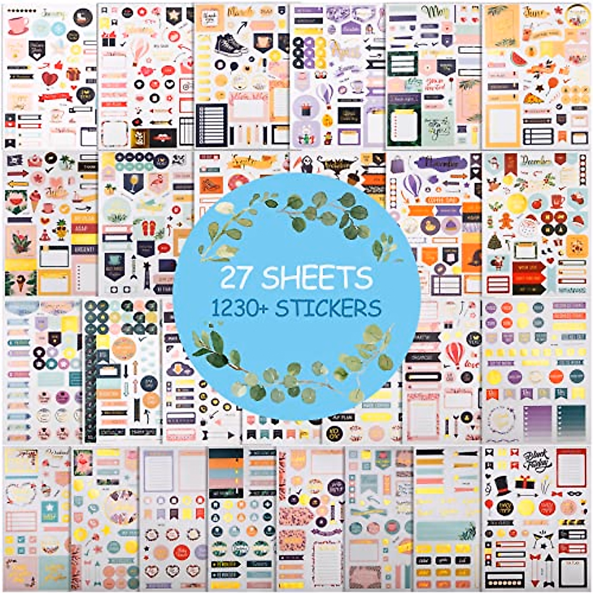 Gold Foil Planner Stickers, 27 Sheets/1230+ Stickers - Seasonal, Inspirational, Motivational, Holiday, Decorative Stickers for Planner Organizer Journal Calendars -Cute Aesthetic Stickers (Upgrade)