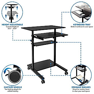 Mount-It! Mobile Standing Desk with Retractable Keyboard Platform | Height Adjustable Stand Up Computer Workstation | Locking Wheels, 99 Lbs Capacity