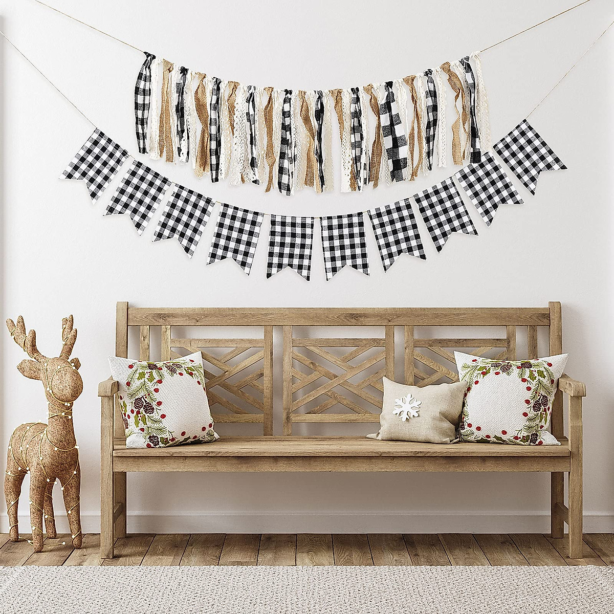 Whaline 2Pcs Christmas Buffalo Check Plaid Banner White Black Tassel Garland Lace Burlap Banner Rag Tie Banner Plaid Bunting Garland for Wedding Birthday Mantel Fireplace Wall Party Decoration