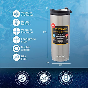 costablue Travel Coffee Mug 16 Oz. Stainless Steel, Leak Proof Dishwasher Safe Lid, Double Wall Coffee Cup, Reusable Insulated Tumbler for Hot & Cold Beverages Eco friendly