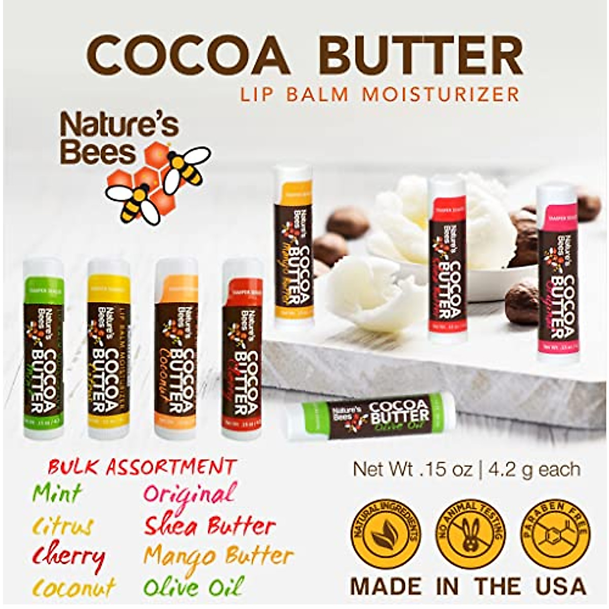Nature's Bees (24 Count, 8 Flavors) Cocoa Butter Flavored Lip Balm Tubes Set Bulk Assortment Natural Chap Treatment Moisturizer For Very Dry Lips
