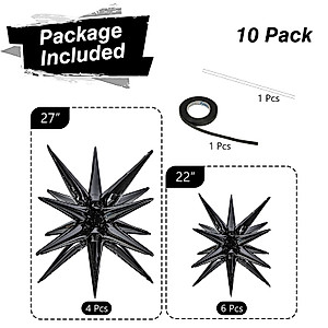 RUBFAC 10 Pcs Black Star Balloons, 14 Point Explosion Star Balloons, 22/27Inch Black Foil Starburst Balloon for Birthday Baby Shower Wedding Disco Party Decorations Supplies