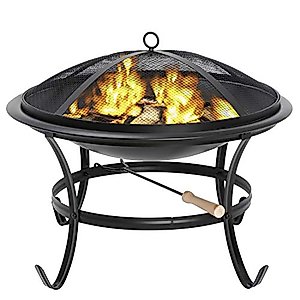 22Inches Fire Pit Outdoor Steel Wood Burning BBQ Grill Firepit Bowl Fireplace with Mesh Screen & Fire Poker, Log Grate