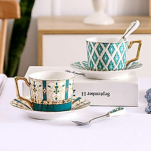 Coffee Cup Gift Box with Gold Trim Tea Cup Saucer Spoon Set Ceramic Coffee Cups British Coffee Cups for Coffee Drinks Latte Tea (Pattern 1 Suit of 2(With Pack))