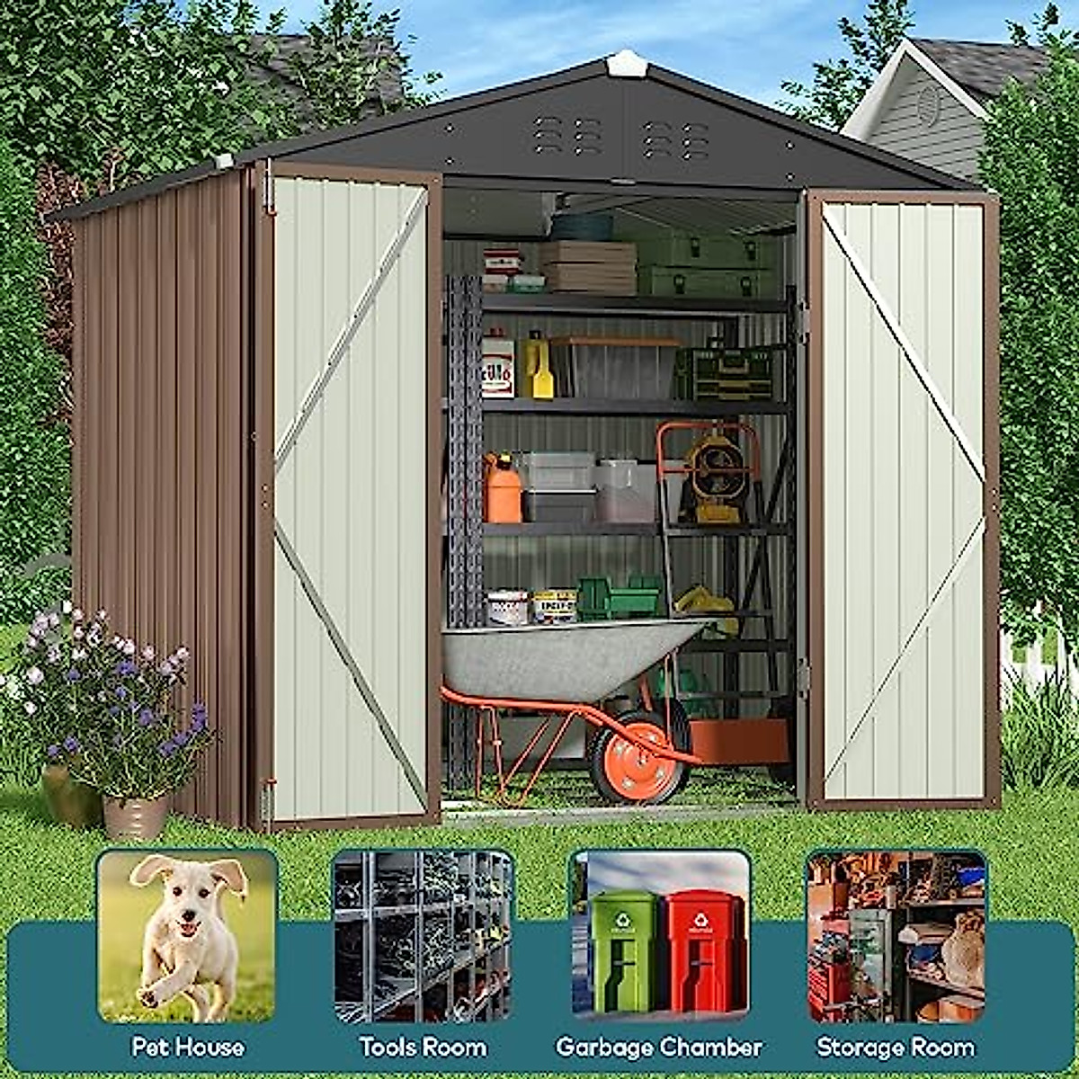 Gizoon Outdoor Storage Shed 8 x 6 FT with Metal Base Frame, Galvanized Metal Garden Shed with Double Lockable Doors, Weather-Resistant Outdoor Storage Clearance for Backyard Patio Lawn-Light Brown