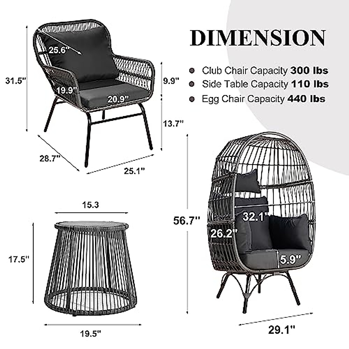 NICESOUL® 3 Seats Outdoor Chair Set Round Table Oversized Stationary Egg Chair Boho Style Handwoven PE Wicker Patio Conversation Large Egg Backyard Pool Grey Wicker 4 Pieces Set