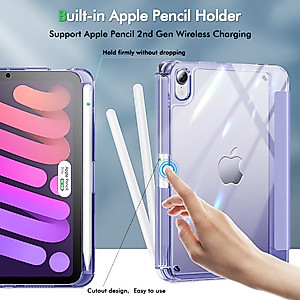 INFILAND for iPad Mini 7 case, iPad Mini 7th (A17 Pro) /6th Generation Case 8.3 inch 2024/2021, Clear Back & PU Leather Protective Cover with Pencil Holder Support Wireless Charging, Purple