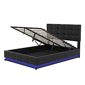 BIADNBZ Full Size Modern Platform Bed with Hydraulic Storage System and Headboard,Tufted PU Upholstered Bedframe with LED Lights and USB Charger for Bedroom,No Box Spring Needed, Black