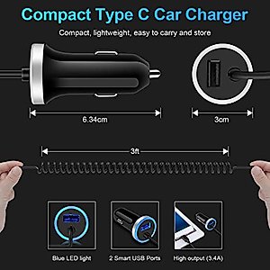 Fast Car Charger USB C for Samsung Galaxy S23 S23+ S23 Ultra A54 A14 A53 A13 A03S A02S A12 A32 A42 A52 S22 Ultra S21 FE S20 S10 S9 S8 Note 20 Z Flip 4 3,3.4A Android Car Adapter with 3ft Type C Cable