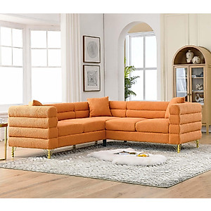 Antetek L-Shaped Sectional Couches, Modern Teddy Fabric Upholstered Chaise Lounge Sofa Couch with Square Arm and 4 Golden Metal Legs for Living Room, Office, Orange