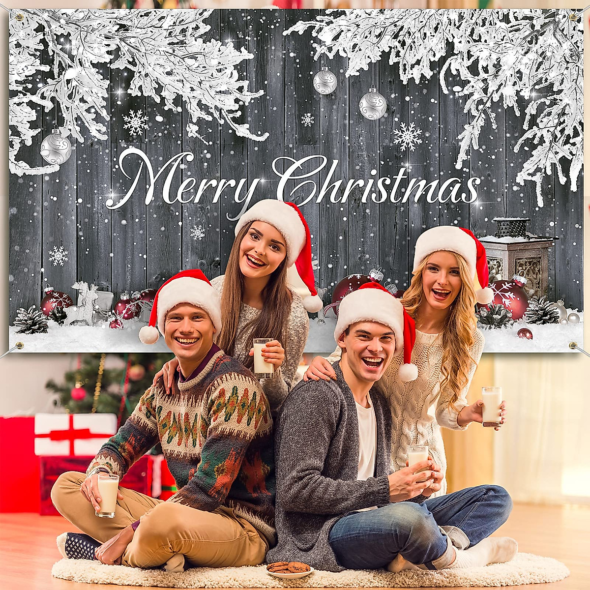 Christmas Wood Photography Backdrop Merry Christmas Santa Claus Gifts Background Rustic Barn Snowflakes Photo Background for Winter Holiday Home Decor Xmas Party Photography Props, 73 x 43 Inches