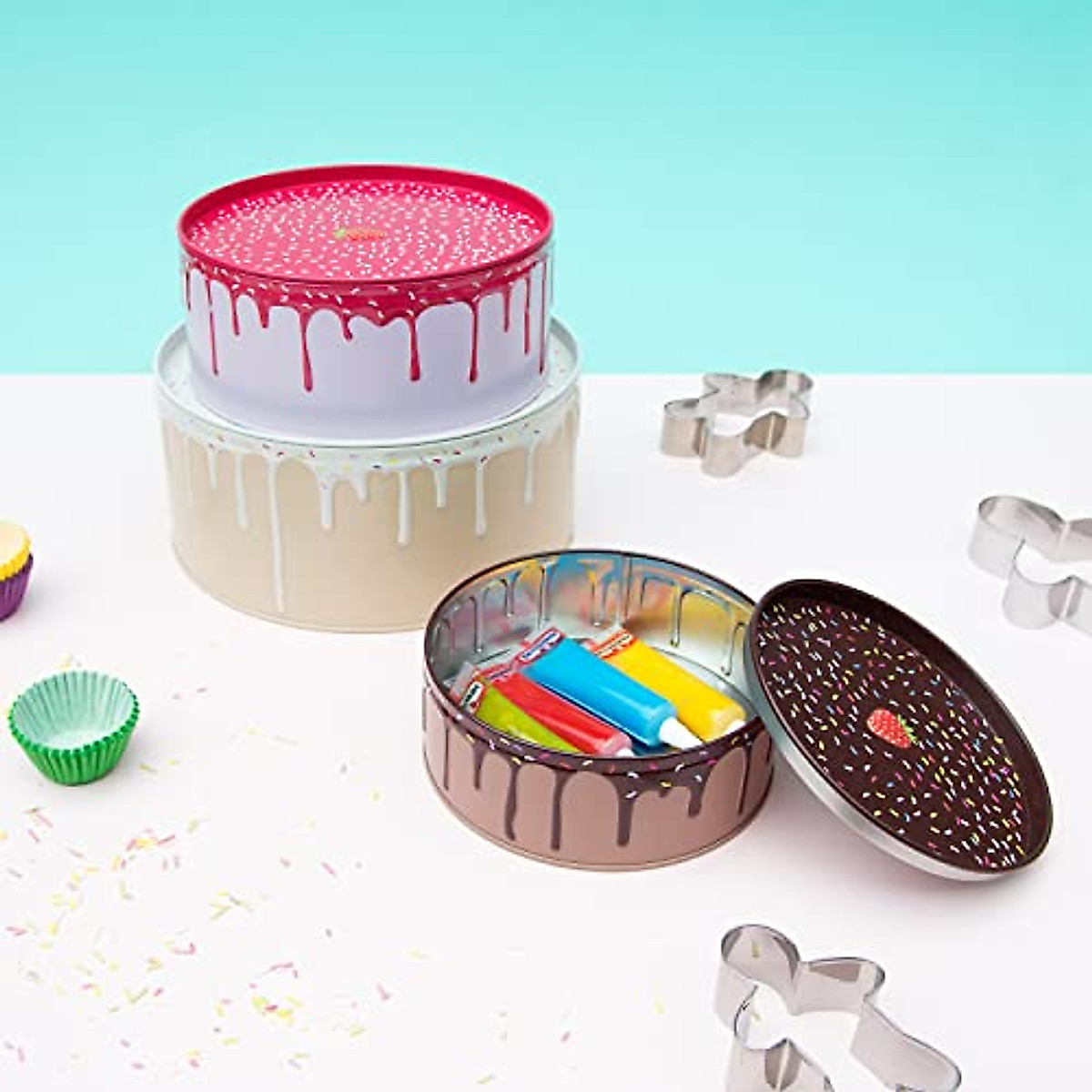 Suck UK Cake Boxes Cake Container & Cookie Tins With Lids For Gift Giving Nesting Cake Storage Container With Tiered Design Cupcake Cookie Jar For Kitchen Decor Baking Gifts Set of 3