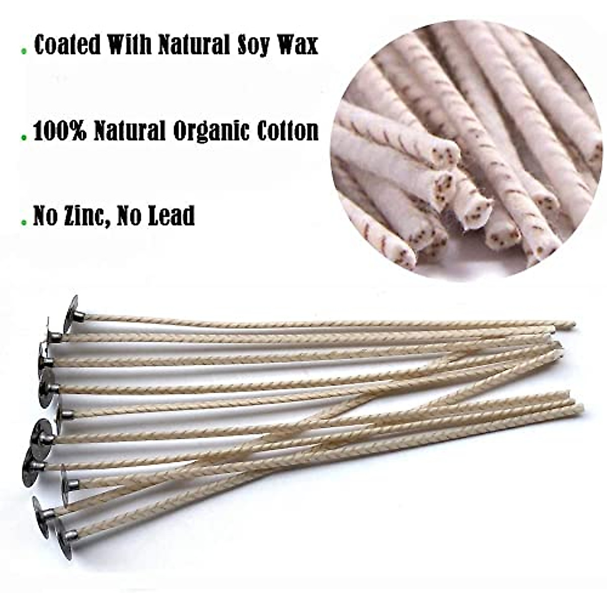 100pcs ECO Wicks for Soy Candles, 6 inch Pre-Waxed Candle Wick for Candle Making,Thick Candle Wick with Base