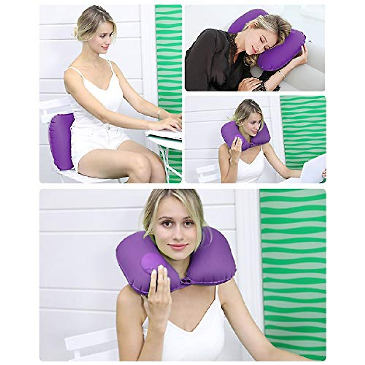 oAutoSjy Inflatable Neck Pillow Car U-Shaped Inflatable Headrest Foldable Travel Air Pillow for Airplanes Portable Head Neck Support Pillow Camping Pillow for Sleeping Headrest Cushion for Office Home