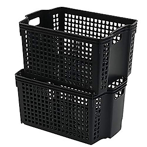 Bringer 6-Pack Stacking Plastic Storage Baskets, Black Plastic Storage Organizer Bins