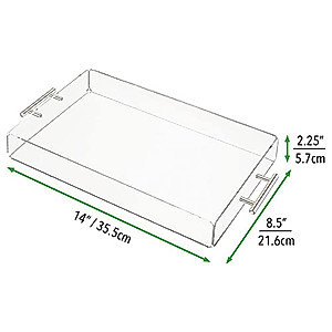 mDesign Modern Acrylic Rectangular Serving Tray with Handles for Food, Tea, Coffee, Breakfast, Snacks, Cheese, Appetizers - Use in Kitchen, Bathroom, Office - Small, 2 Pack - Clear/Stainless Steel