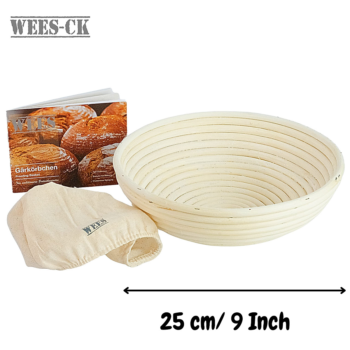 Handmade 9 Inch Bread Banneton Proofing Basket Round, Baking Bowl Dough Gifts for Professional and Home Backers, Proving Baskets for Sourdough with Linen Liner Cloth and User Guide