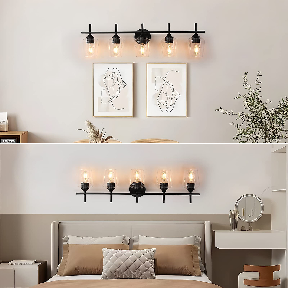 foucasal Black Bathroom Light Fixtures 5-Light Bathroom Vanity Light with Clear Glass Shade, Industrial Matte Bathroom Wall Lights for Bathroom Bedroom Hallway Living Room (E26 Base)