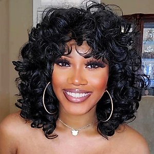 andromeda Curly Wigs for Black Women Soft Short Curly Wig with Bangs Afro Loose Curls Heat Resistant Synthetic Wig for African American Women (Black)