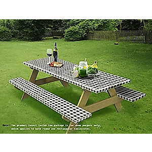 wagude Rectangle Vinyl Camping Picnic Table Cover + Benches 3-pc Set,30x72'' (6-FT) Flannel Backing Elastic Waterproof Wipeable Black/White Checkered Plastic Tablecloth for Indoor Outdoor Patio Park