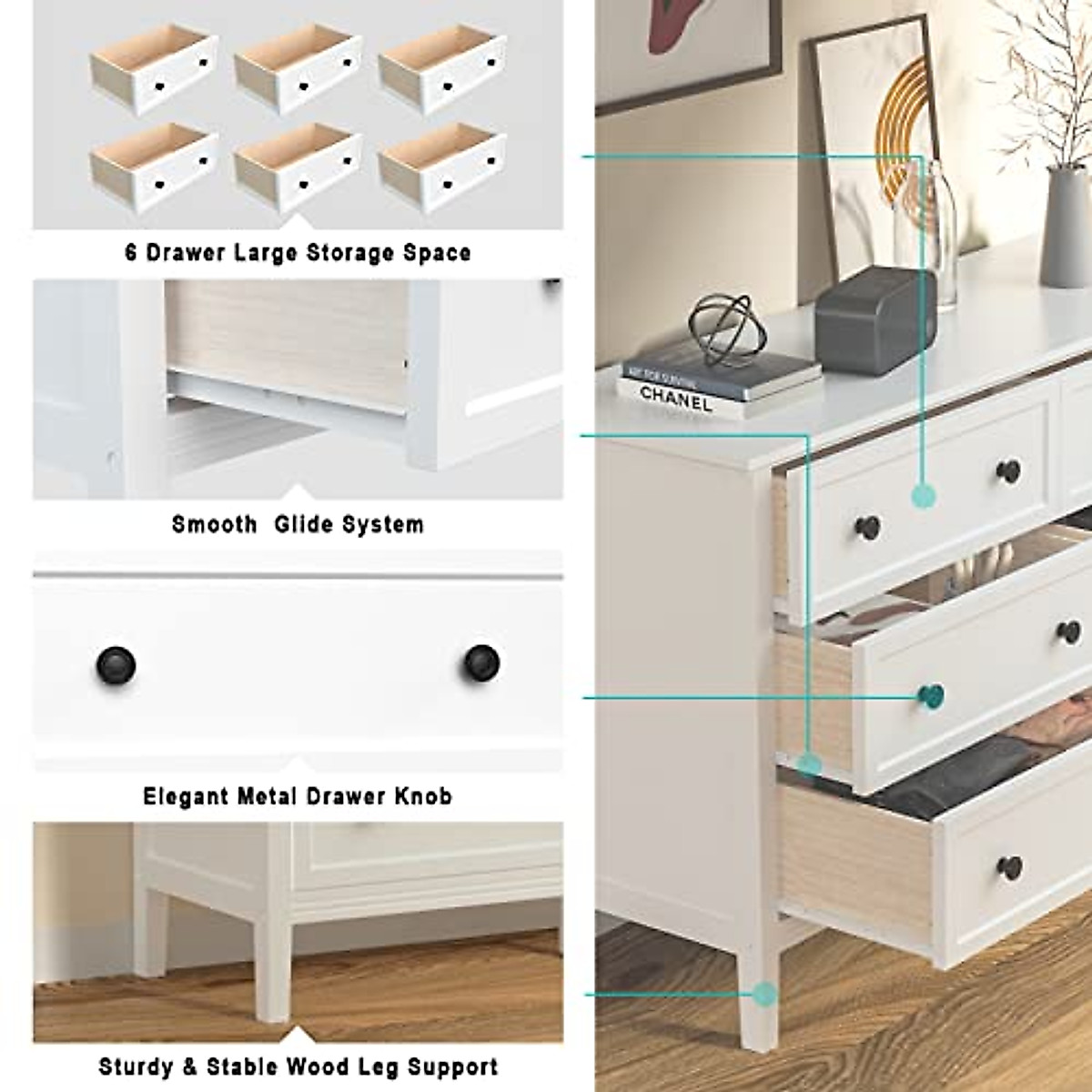 CARPETNAL White Dresser, Modern Dresser for Bedroom, 6 Drawer Double Dresser with Metal Handles, Dresser for Hallway, Entryway
