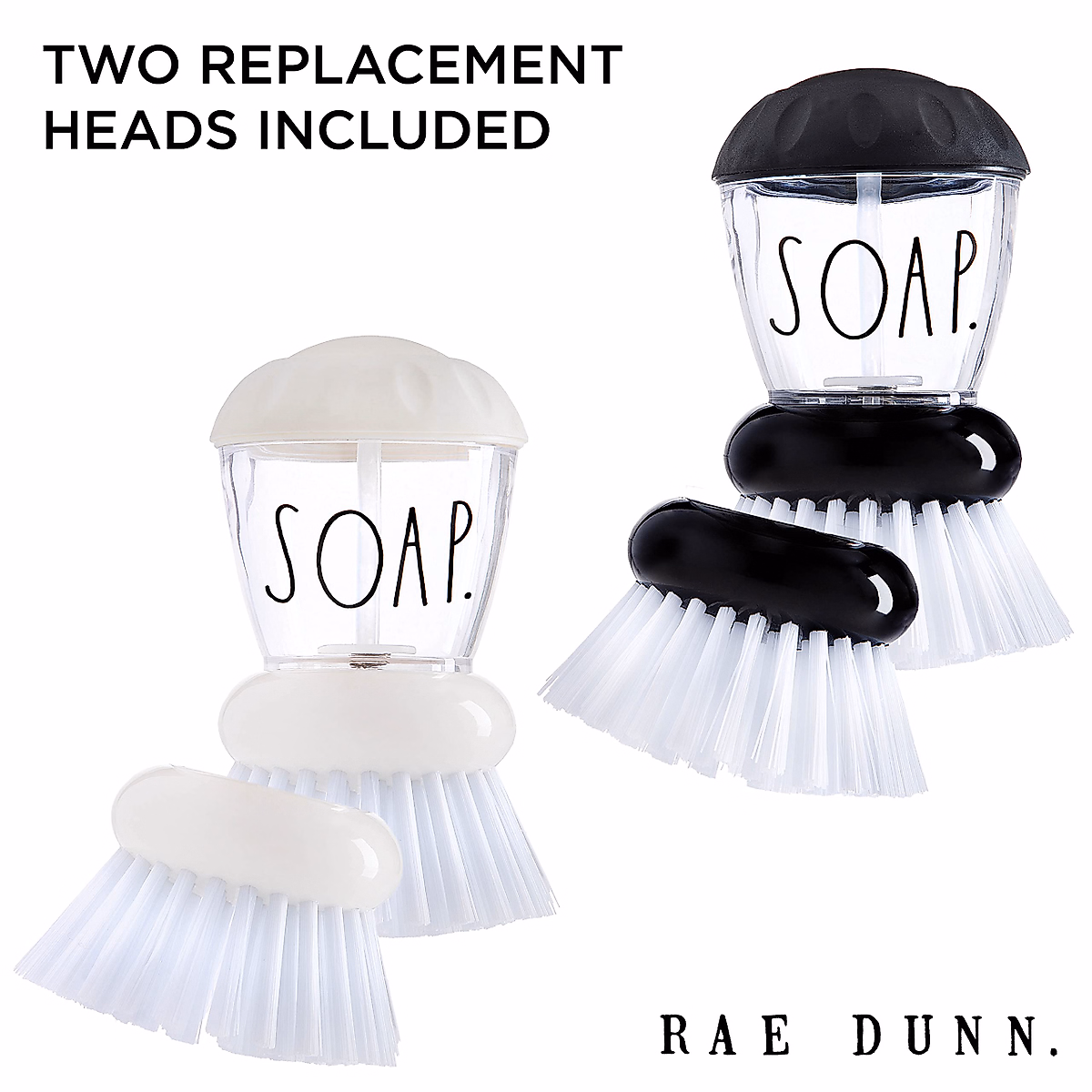Rae Dunn Collection Soap Dispensing Dish Brush Set - Set of 2 Palm Brush Dish Scrubber with 2 Replacement Brush Heads