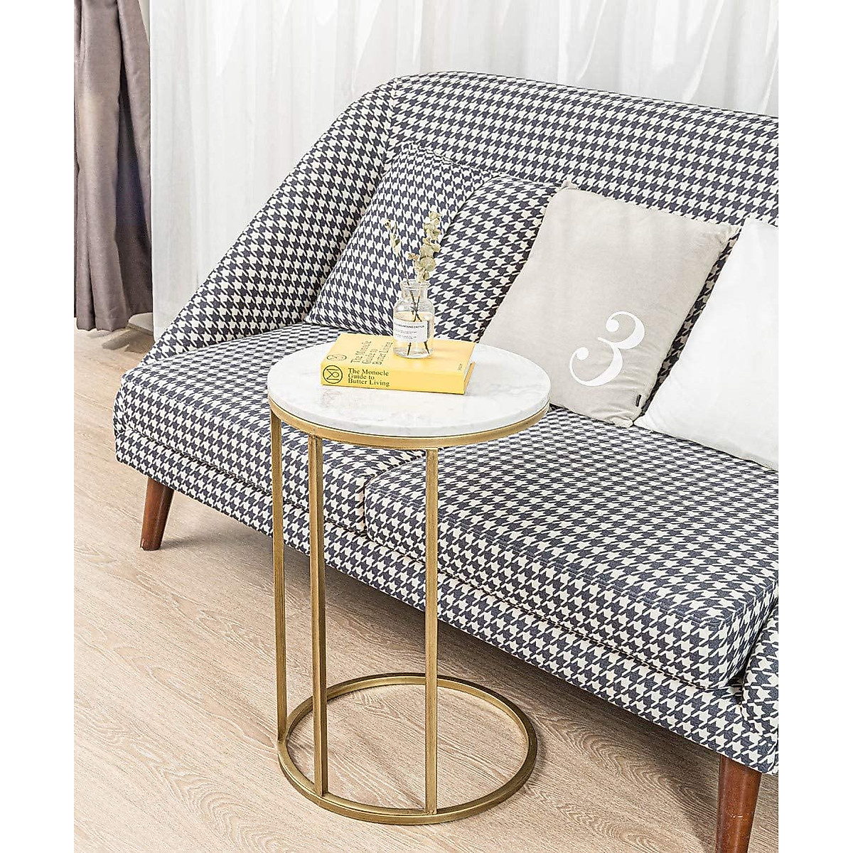 RiteSune Round C Shaped End Snack Side Table Slide Under Couch with Marble Top for Sofa Coffee Laptop Living Room Bedroom Small Space, 16" D x 24" H
