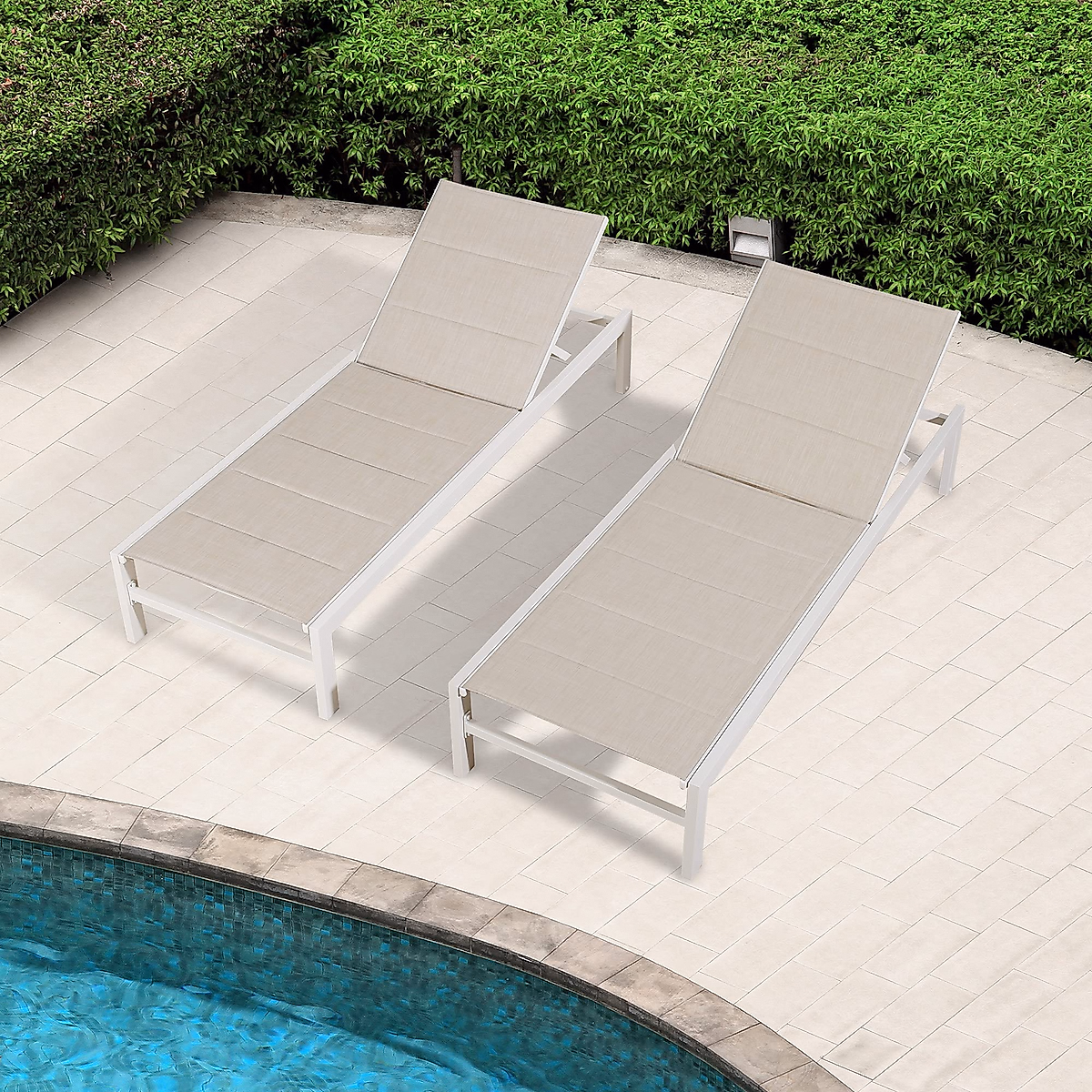 Iwicker Patio 2-Pieces Aluminum Chaise Lounge Chairs Adjustable Outdoor Quick Dry Foam Padded Lounger Reclining Chairs with 5-Position Backrest,Beige