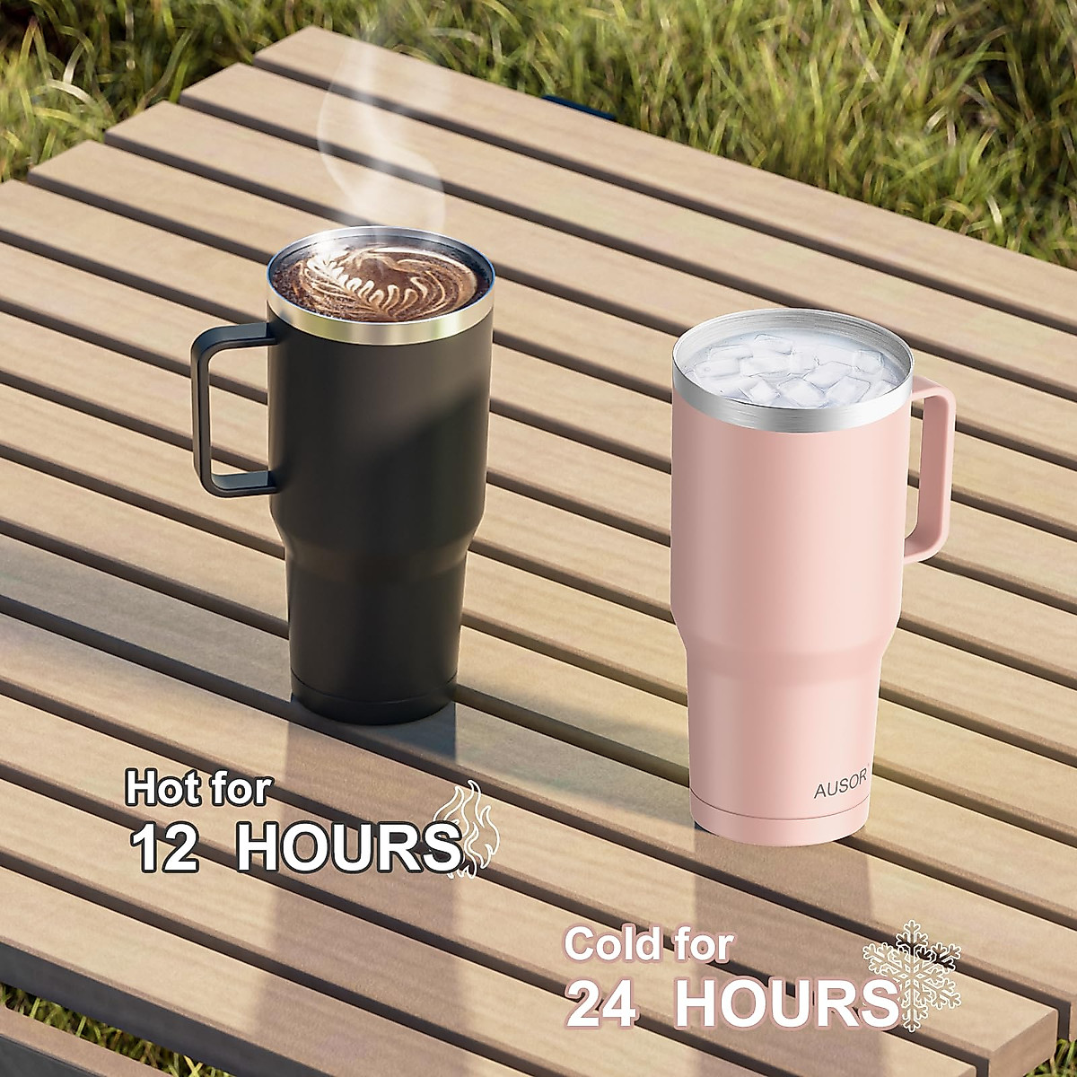 AUSOR 30 oz Tumbler with Lid and Straw,Water Bottle with Handle,Insulated Stainless Steel Tumbler for Hot & Cold, Coffee Travel Mug Cups Reusable Pink