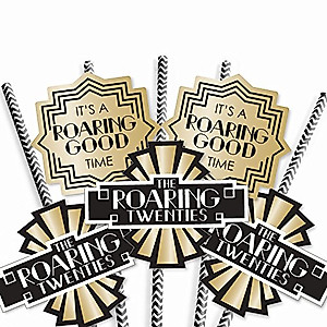 Roaring 20's - Paper Straw Decor - 1920s Art Deco Jazz Party Striped Decorative Straws - Set of 24