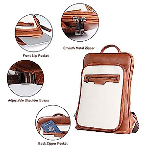 GUETES Leather Laptop Backpack, for Women and Men 15.6 inch Computer Backpack Travel Large Business Work College Daypack, Off White+ Brown