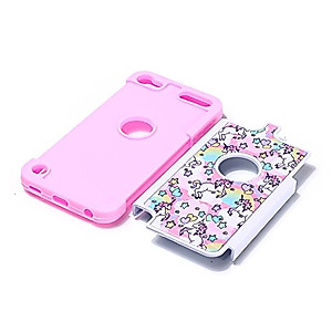 Apple iPod Touch 5,6th Case, iPod 7th Generation Case, Rainbow Unicorn Pattern Shockproof Studded Rhinestone Crystal Bling Hybrid Case Silicone Protective Armor for Apple iPod Touch 5 6th Generation