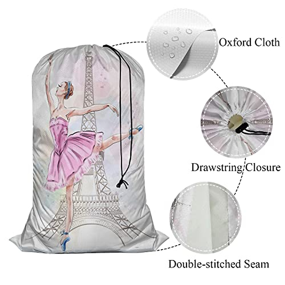 Swono Beautiful Ballerina Large Travel Laundry Bag Washable Wet Dry Bag Large Dirty Clothes Bag Dancer Posing Dancing on Eiffel Tower Bathing Suit Workout Bag for Gym Clothes Laundry Wet Clothes