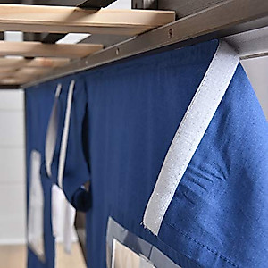 Max & Lily Low Loft Bed, Twin Bed Frame For Kids With Curtains For Bottom, White/Blue