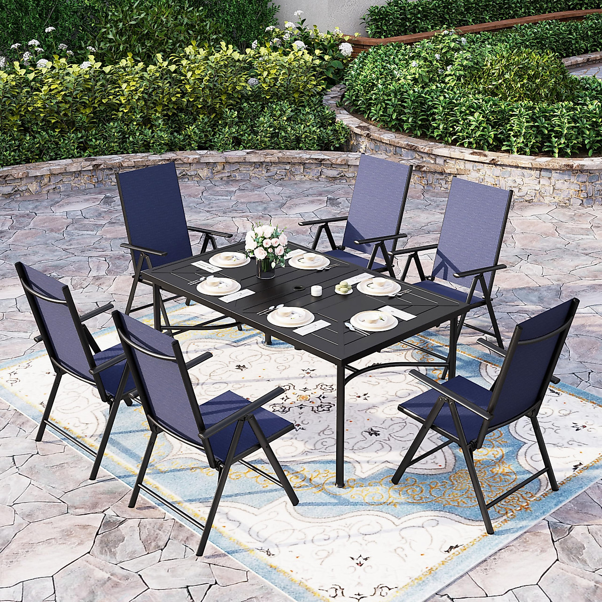 Sophia & William 7 Pieces Patio Dining Set, Outdoor Patio Furniture Set with Metal Patio Table and 6 Pcs Folding High Back Textilene Patio Sling Chairs, 1.77" Umbrella Hole, Blue