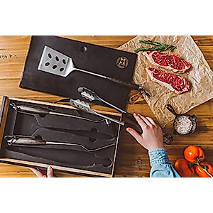 Schmidt Brothers - BBQ Carbon 6, 4-Piece Grilling Accessory Set, Full-Forged Stainless Steel Grilling Utensils Including Spatula, Fork, Basting Brush, and Tongs with All Wood Handles