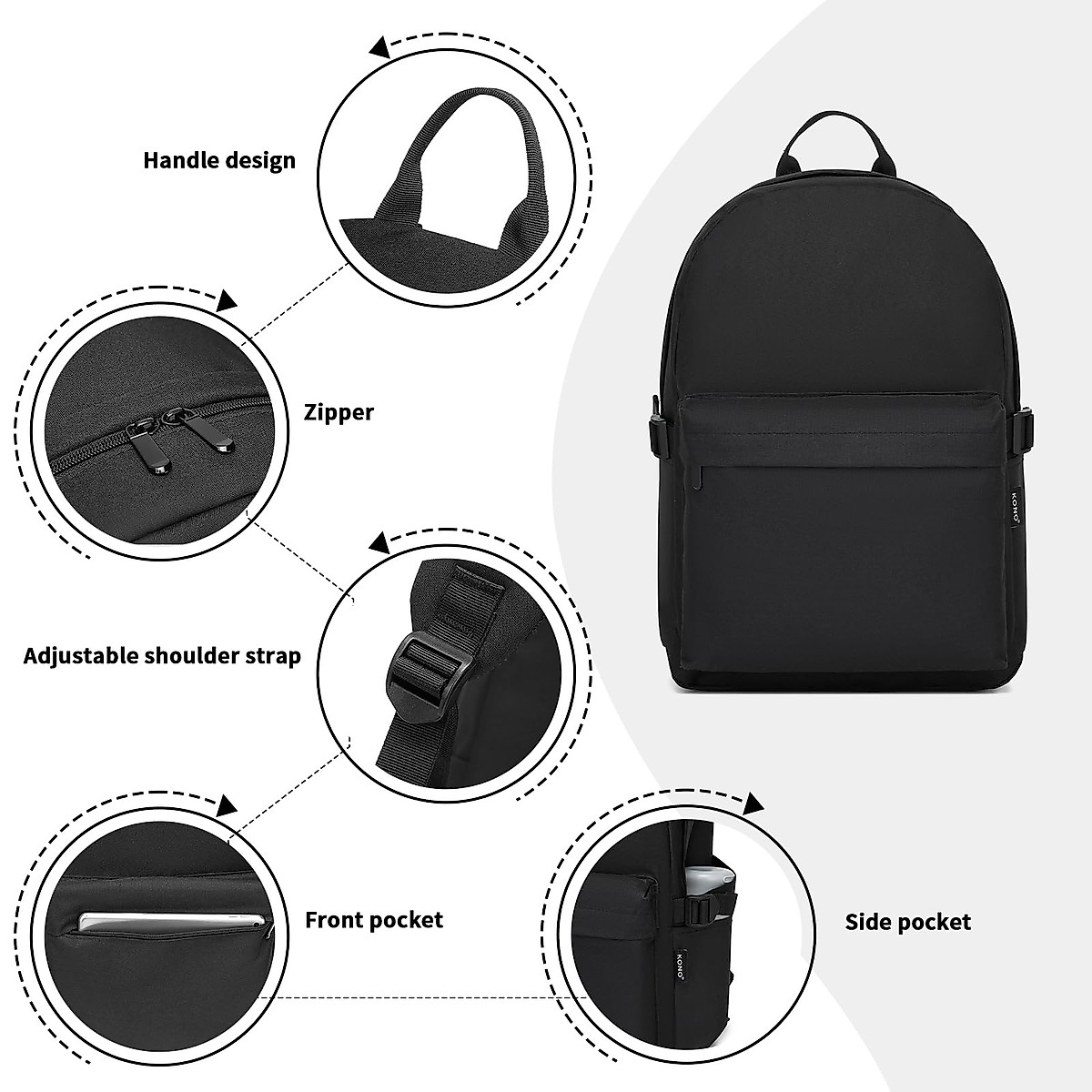 Kono School Backpack College Rucksack Lightweight School Bag Water Resistant Stylish Casual Daypack College Travel Business Work Bag for Men Women Boys and Girls fits 15.4 Inch Laptop (Black)
