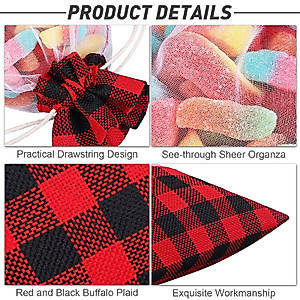MIMIND 48 Pack Christmas Linen Burlap Sheer Bags with Drawstring Red and Black Buffalo Plaid Burlap Organza Bags Small Drawstring Burlap Gift Bag for Xmas Wedding Birthday Party Favors, 4 x 6 Inch