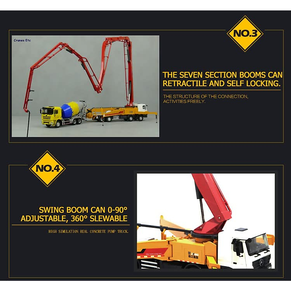 1/35 Scale Model XCMG 62 Meter Concrete Pump Truck Replica 7 Sections Booms 4 Axles Cab Open Collection Toys Gift