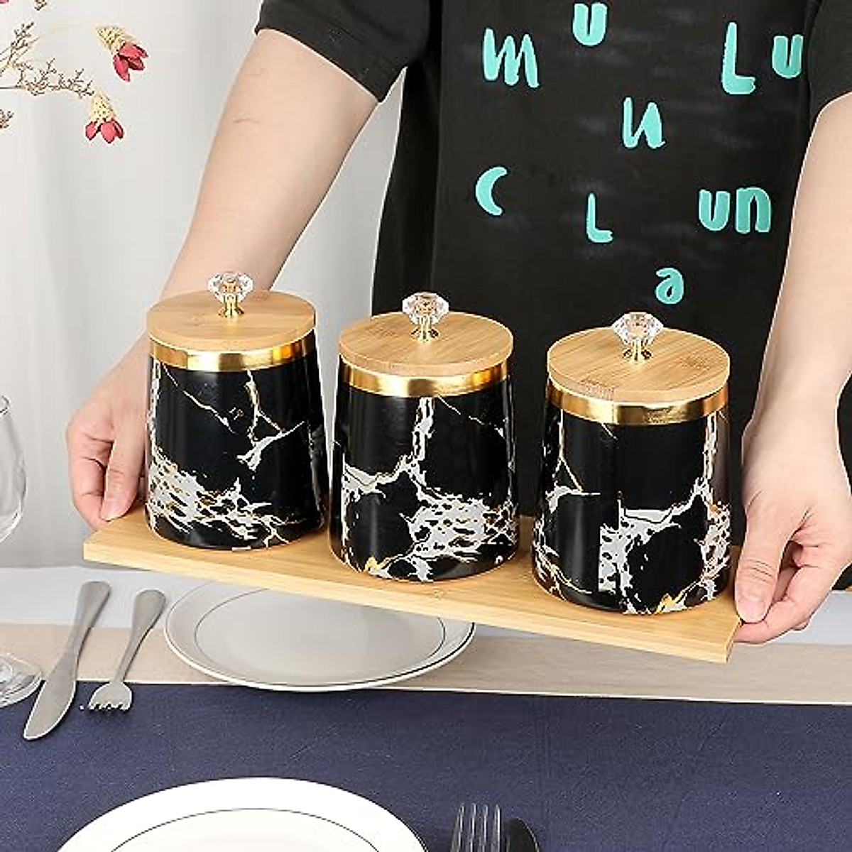 JUXYES Set of 3 Canisters Set for Sugar Coffee Tea with Airtight Lid, Ceramic Storage Containers Sets Black Storage Pots with Tray Storage Jar Decorative Canisters Sets for for Kitchen Counter