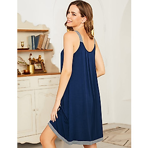 Ekouaer Cotton Sleepwear Shirts Women's Scoop Neckline Full Slip Sleeveless Nightwear Dress (Dark Blue,XX-Large)