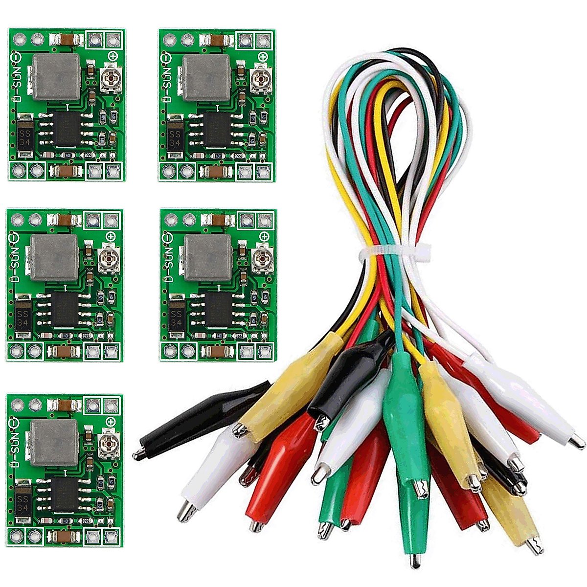 AIHJCNELE 5pcs MP1584 MP1584EN 3A Mini DC-DC Buck Converter 4.5V~28V to 0.8V~20V Adjustable Step Down Power Module Better Than LM2596 with Crocodile Clips Cable for Arduino Raspberry Pi