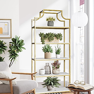 TooCust 5-Tier Gold Bookcase, 29.5" Lx70.6 H, Bookshelf for Bedroom,Gold Book Display Shelf, Arched Bookcase, Organizer Rack for Living Room, Gold Freestanding Display Shelf,White and Gold Bookshelf