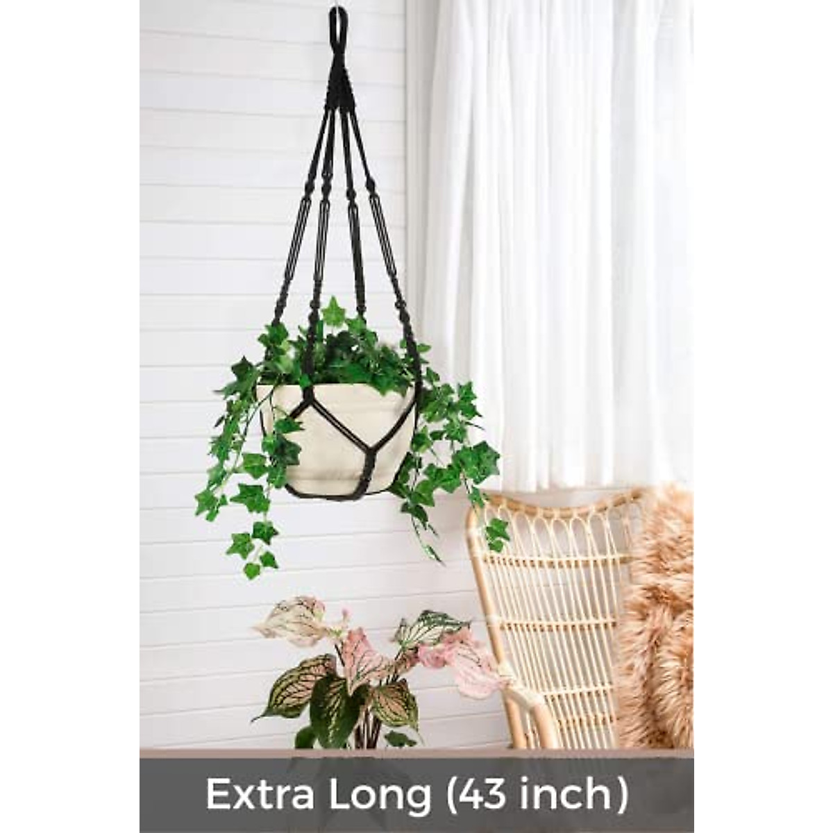 Shineloha 43 Inches Macrame Plant Hanger Large for up to 12 inch Pot | Extra Long + Hook | No Tassel, Cotton Rope Hanging Plant Holder with Swag Hook, NO Plant/Pot Included (Black)