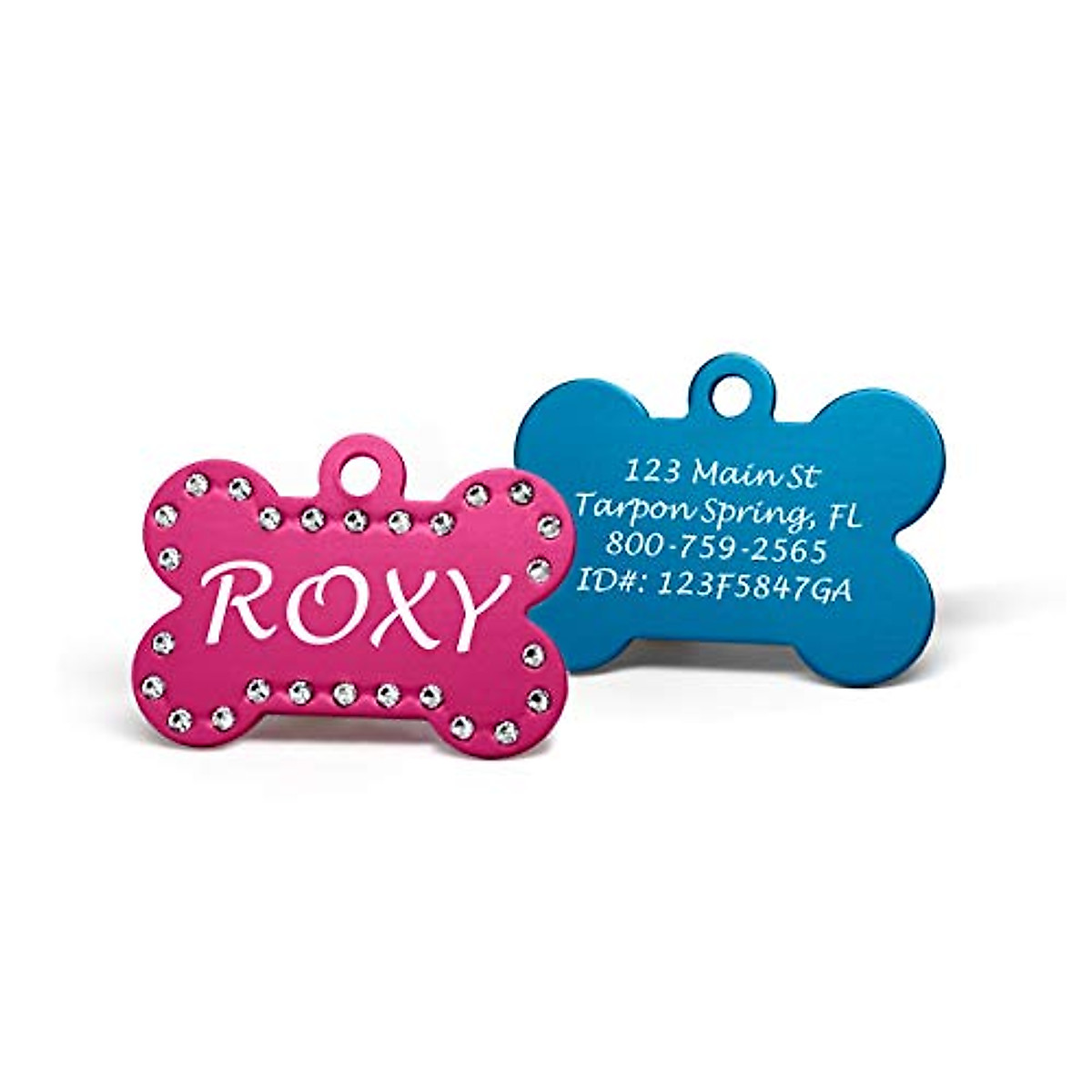 Custom Engraved Pet ID Tags with Swarovski Crystal - 1.5" Long x 1" Tall, Anodized Aluminum, Bone Shape, Pink