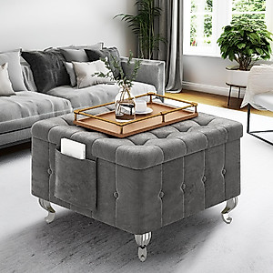 DKLGG Large Square Storage Ottoman Tufted, Oversized Ottoman Coffee Table for Living Room, Velvet Upholstered Ottoman with Storage, Grey Ottoman Bench for Bedroom