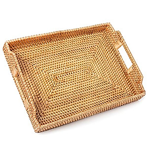 Rattan Tray, Rectangular Woven Tray, Decorative Serving Tray with Rattan Coasters and Wooden Bead Garland, for Drinks, Fruit, Bread Serving (13.3 Inch)