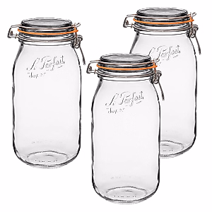 Le Parfait Super Jar, Canning Jars, 2L French Glass Canning Jar w/Round Body, Glass Jars w/Airtight Lid, Canning Jars Wide Mouth, Glass Jar With Lid, Clear Jar, Clear Glass Jars (64oz/2 Quarts, 3 pk)