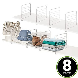 mDesign Versatile Metal Wire Closet Shelf Divider and Separator for Storage and Organization in Bedroom, Bathroom, Kitchen and Office Shelves - Easy Install, 8 Pack - White